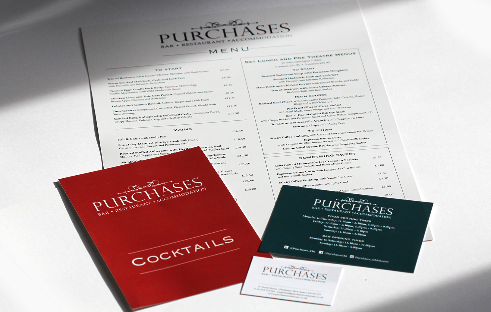 Branding Chichester Restaurant Purchases, including logo design and print